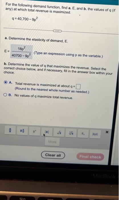 Solved For the following demand function, find a. E, and b. | Chegg.com