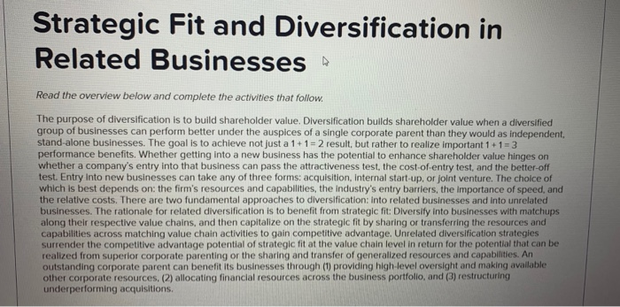Solved Strategic Fit and Diversification in Related | Chegg.com