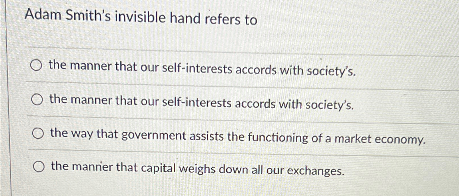 Solved Adam Smith's invisible hand refers tothe manner that | Chegg.com