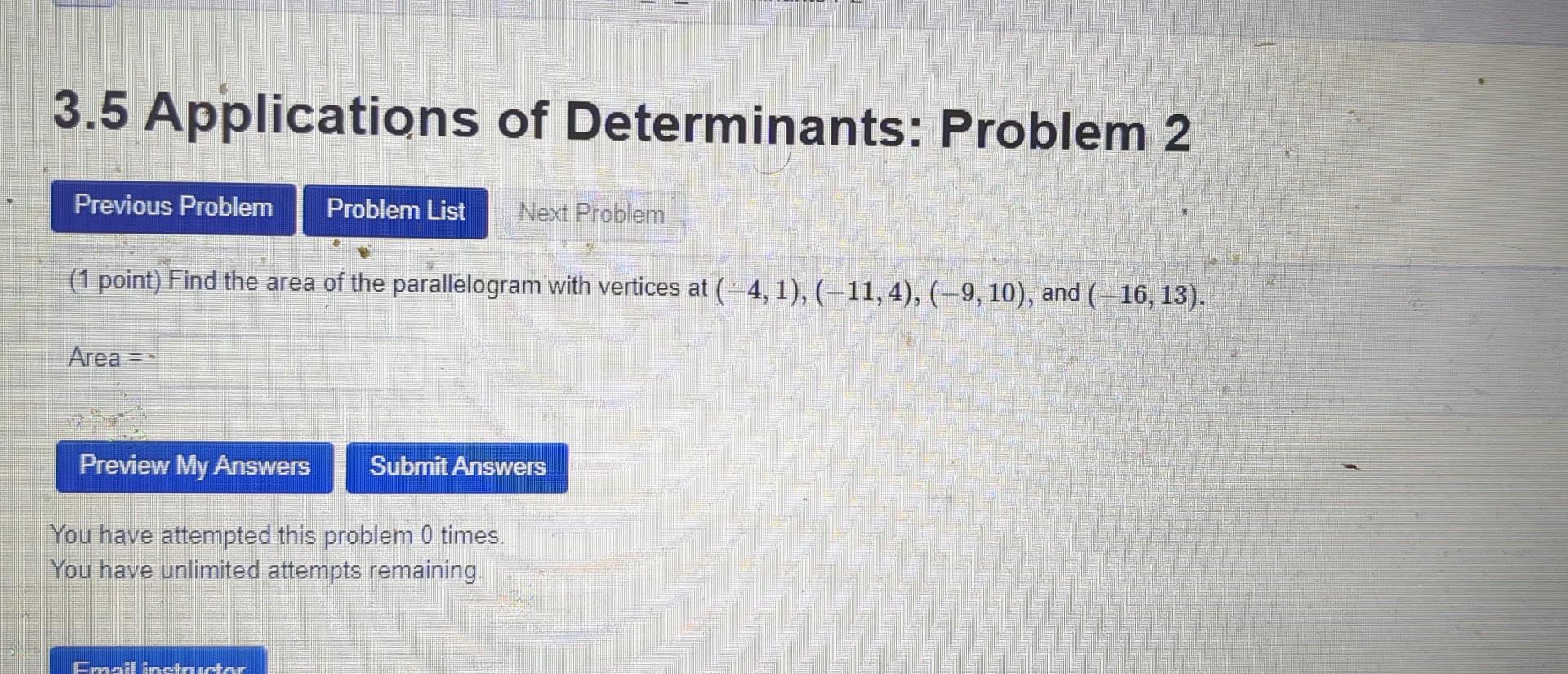 Solved 3.5 Applications of Determinants: Problem 1 (1 point) | Chegg.com