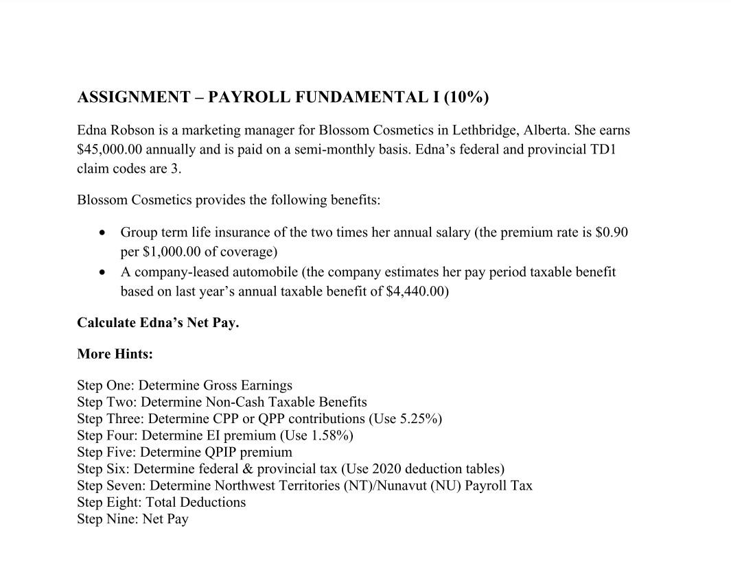 Solved ASSIGNMENT - PAYROLL FUNDAMENTAL I (10%) Edna Robson | Chegg.com