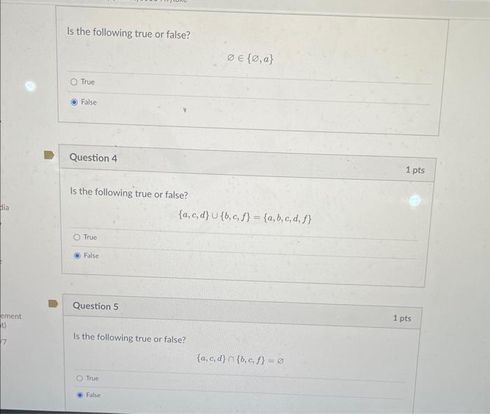 Solved Is the following true or false? ∅∈{∅,a} True False | Chegg.com