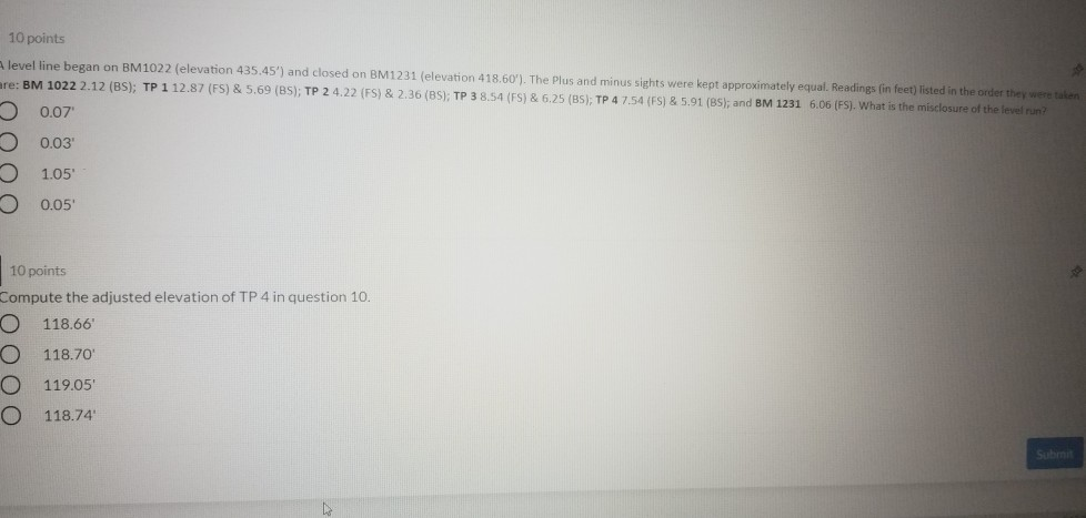 Solved 10 points level line began on BM1022 (elevation | Chegg.com