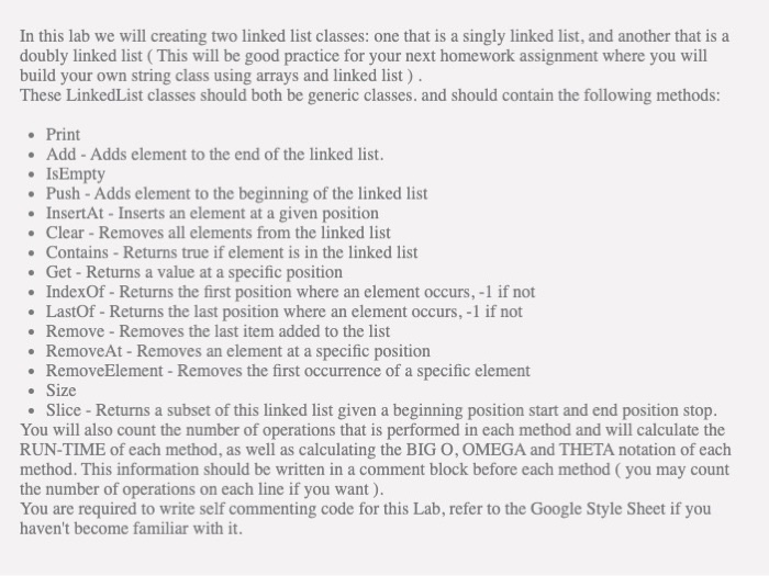 In this lab we will creating two linked list classes: | Chegg.com