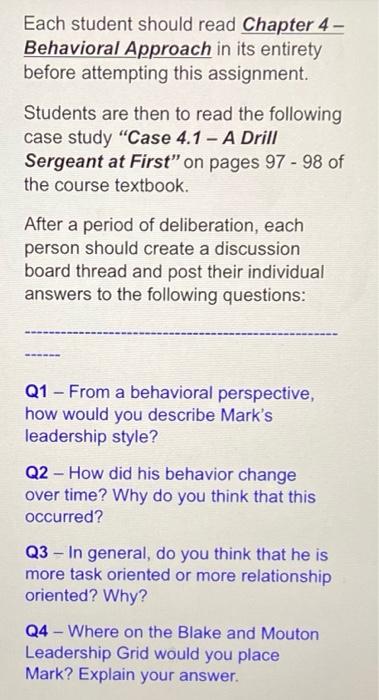 Solved Each student should read Chapter 4 Behavioral | Chegg.com