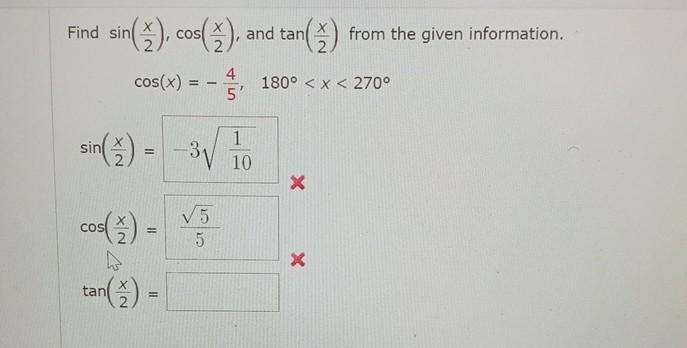 Solved Find sin(x2),cos(x2), ﻿and tan(x2) ﻿from the given | Chegg.com