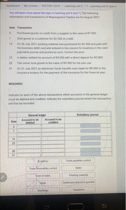 Solved Dashboard / My courses / FAC1501-23-S1 / Learning | Chegg.com Solved Dashboard / My courses / FAC1501-23-S1 / Learning | Chegg.com