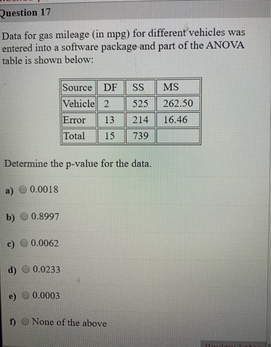Solved Question 17 Data for gas mileage (in mpg) for | Chegg.com
