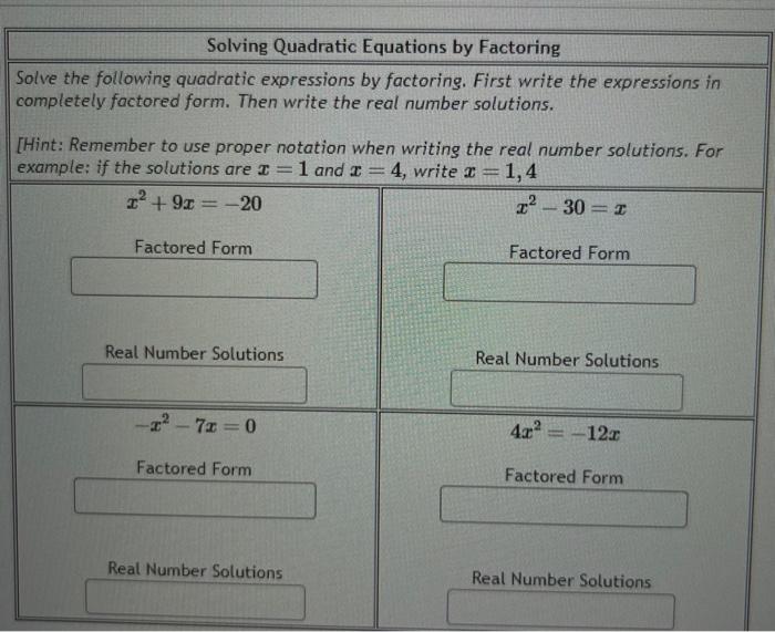 Solved Solving Quadratic Equations by Factoring Solve the | Chegg.com