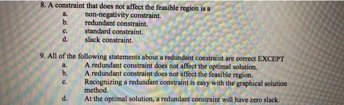 Solved 8. A constraint that does not affect the feasible | Chegg.com