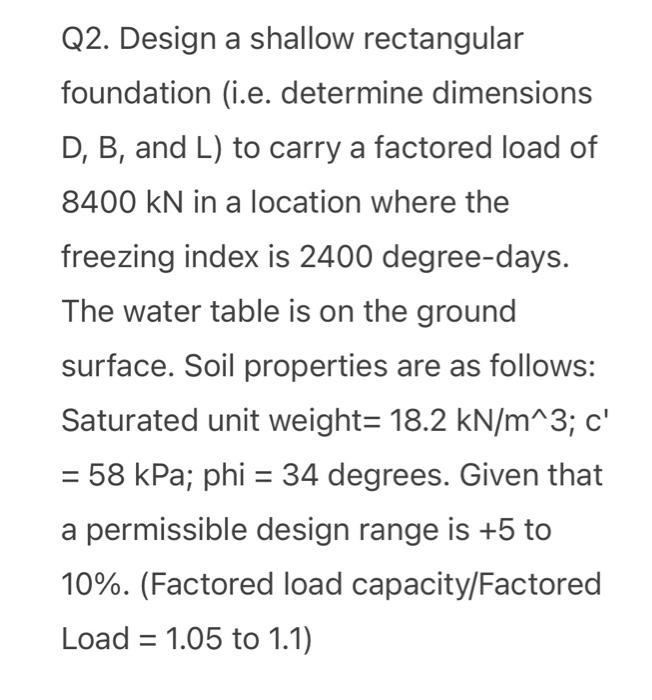 Solved Q2. Design a shallow rectangular foundation (i.e. | Chegg.com
