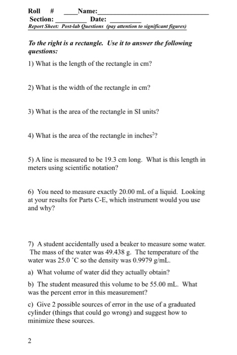 Roll # Name: Section: Date: Report Sheet: Post-lab | Chegg.com