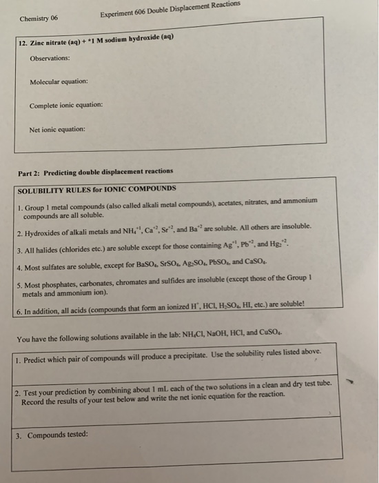 Chemistry 06 Experiment 606 Double Displacement | Chegg.com