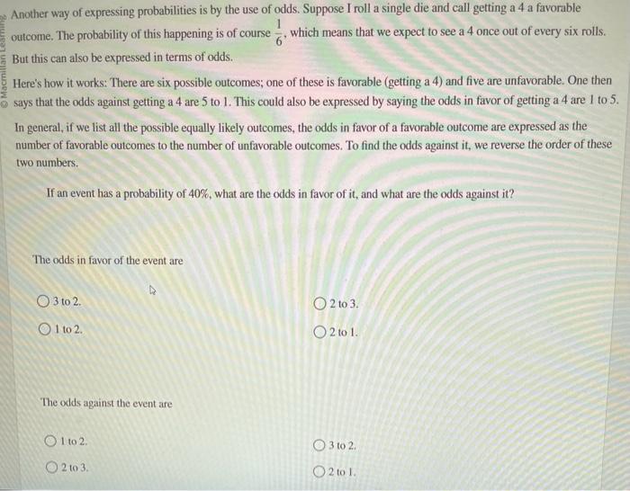 Solved Another way of expressing probabilities is by the use | Chegg.com