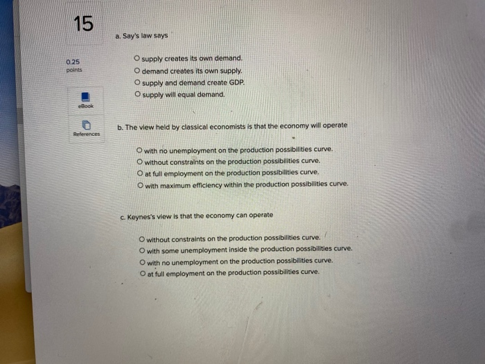 Solved 15 a. Say's law says 0.25 points O supply creates its | Chegg.com