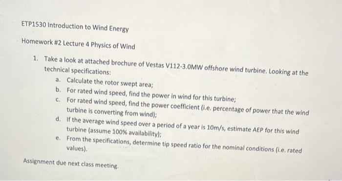 ETP1530 Introduction to Wind Energy Homework #2 | Chegg.com