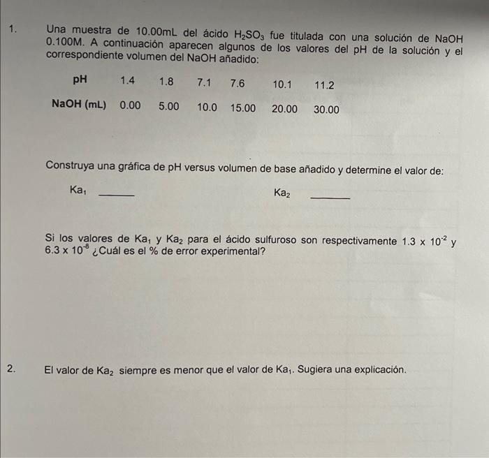 Solved Una muestra de 10.00 mL del ácido H2SO3 fue titulada | Chegg.com