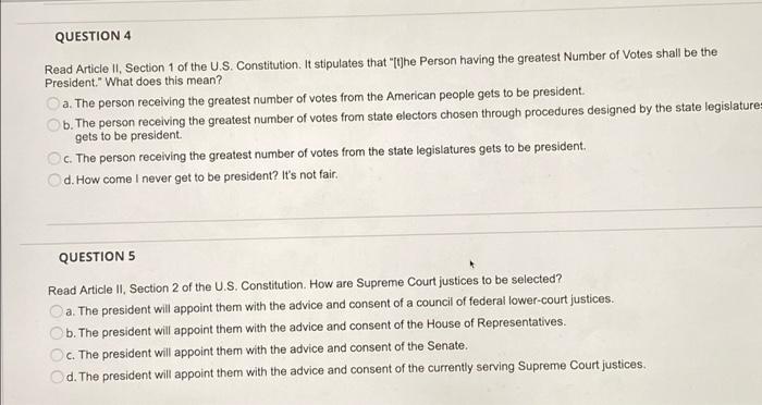 QUESTION 4 Read Article II, Section 1 of the U.S. | Chegg.com