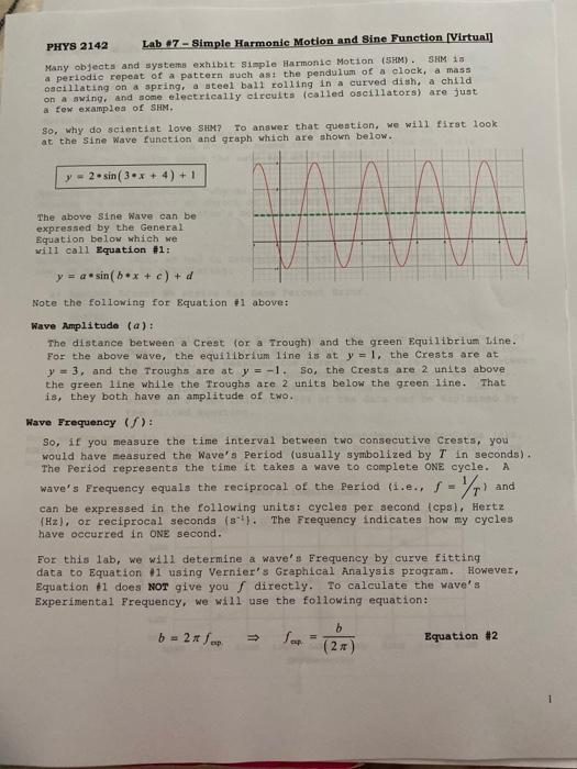 PHYS 2142 Lab 7 - Simple Harmonic Motion and Sine | Chegg.com