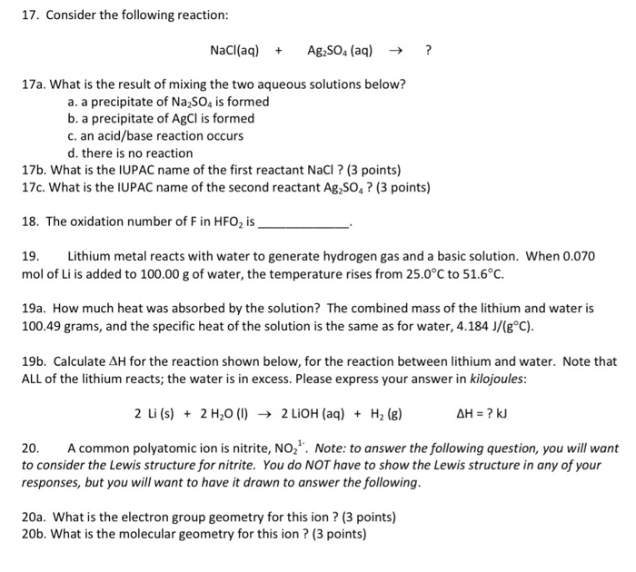 Solved 17. Consider the following reaction: NaCl(aq) + | Chegg.com
