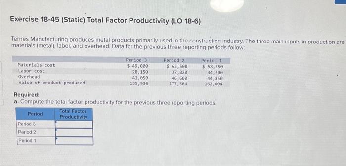 Solved Exercise 18−45 (Static) Total Factor Productivity (LO | Chegg.com Solved Exercise 18−45 (Static) Total Factor Productivity (LO | Chegg.com
