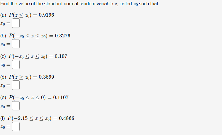 Find the value of the standard normal random variable | Chegg.com