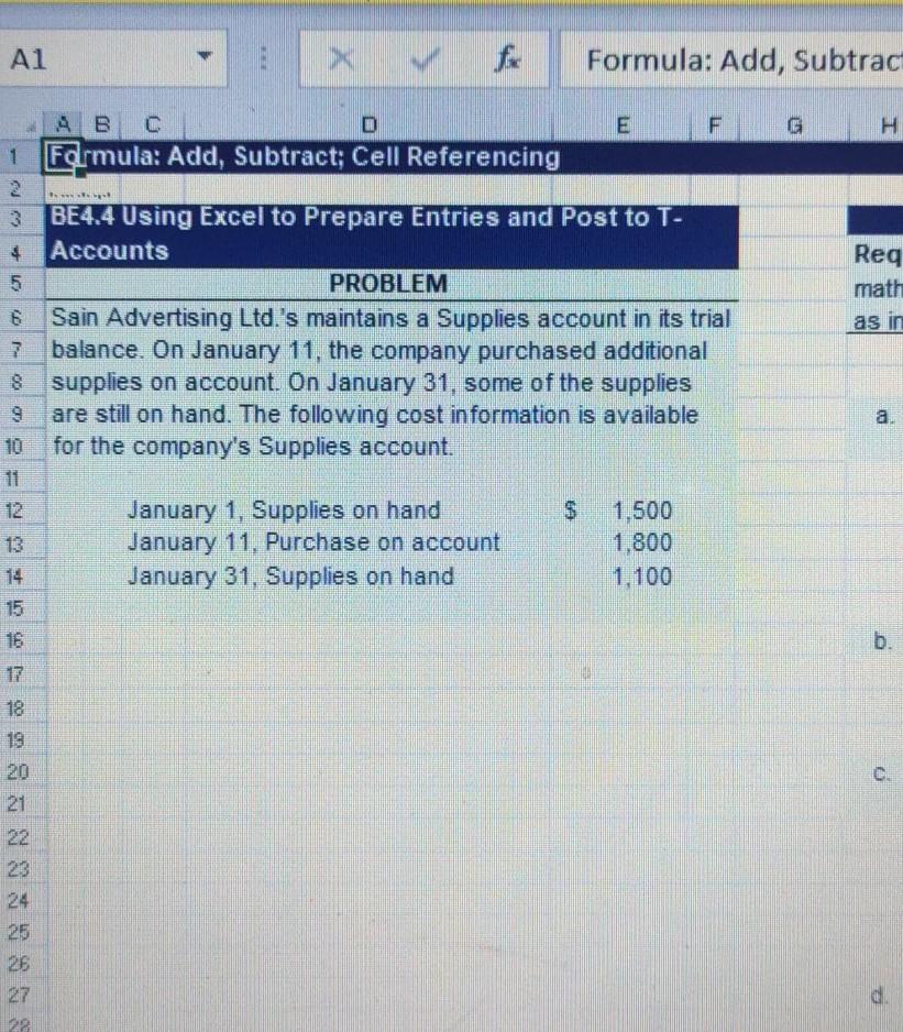 Solved ta mula: Add Subtract; Cell Referencing 2 3 4 5 BE4.4 | Chegg.com