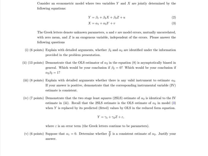 Solved Consider an econometric model where two variables Y | Chegg.com