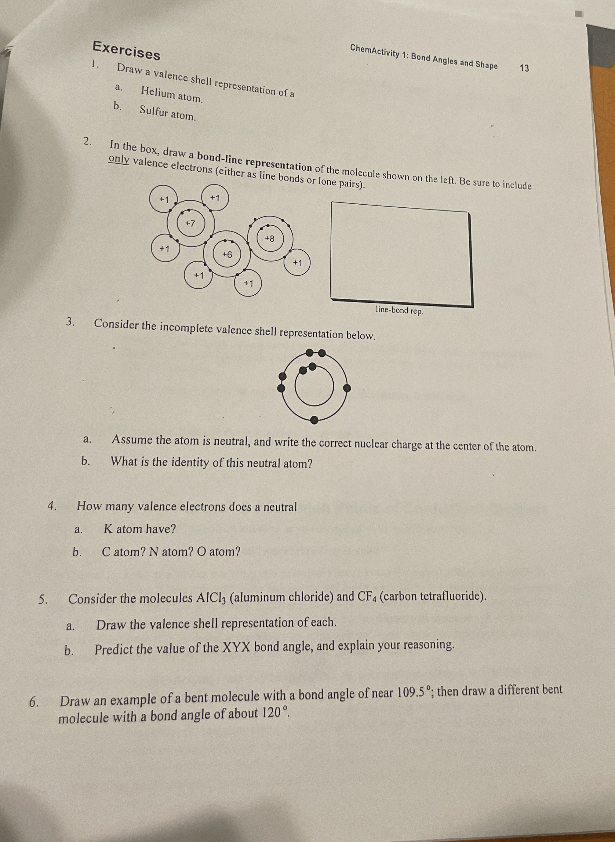 Solved ExercisesChemActivity 1: Bond Angles and ShapeDraw a | Chegg.com