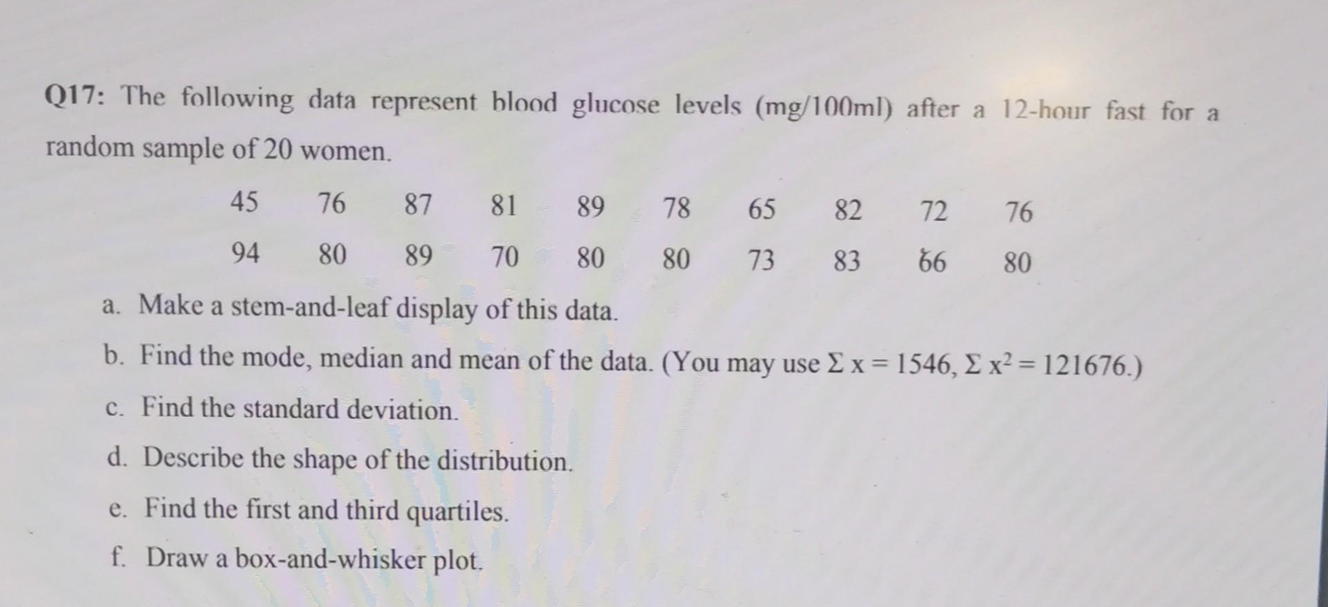 Solved Q17: The following data represent blood glucose | Chegg.com
