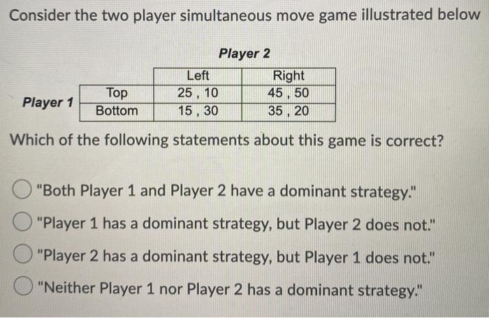 Solved Consider the two player simultaneous move game | Chegg.com