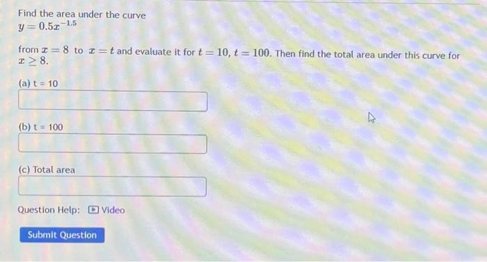 Solved Find the area under the curve y=0.5x−1.5 from x=8 to | Chegg.com
