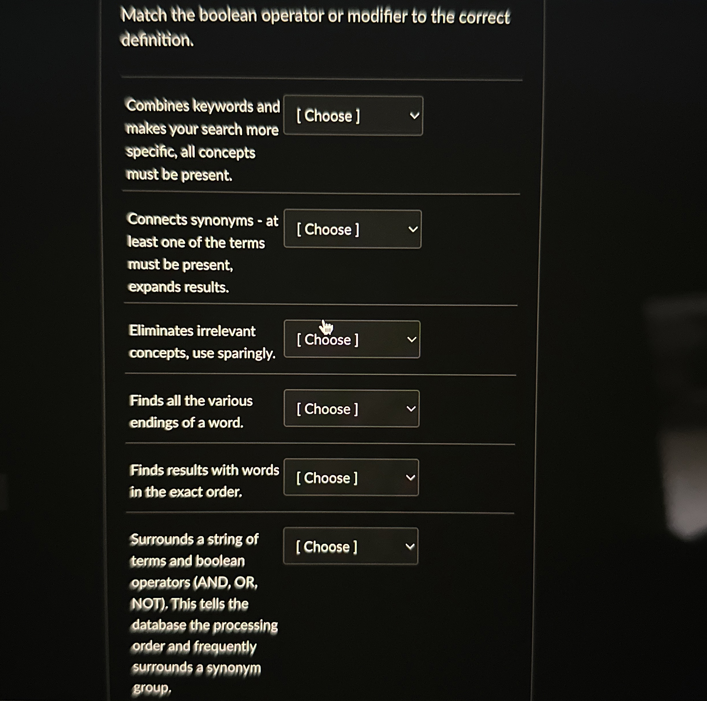 Solved Match the boolean operator or modifier to the | Chegg.com