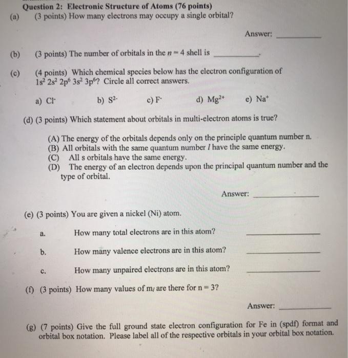 Solved Question 2: Electronic Structure of Atoms (76 points) | Chegg.com