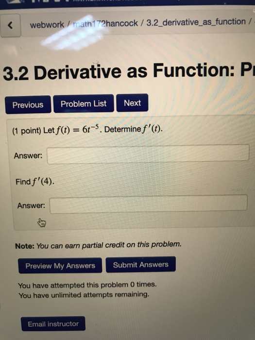 Solved webwork / math 172hancock /3.2_derivative_as_function | Chegg.com