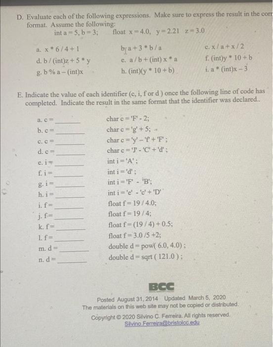 Solved D. Evaluate each of the following expressions. Make | Chegg.com