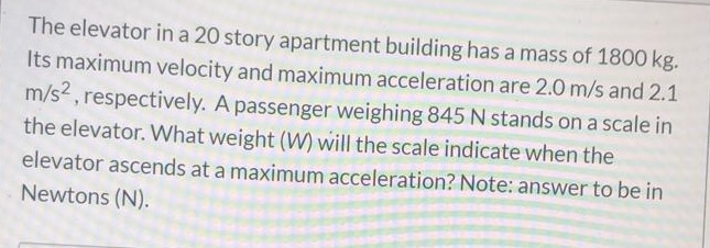 Solved The elevator in a 20 story apartment building has a | Chegg.com