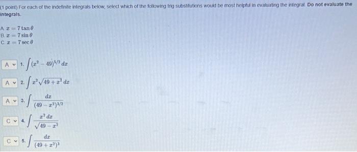 Solved for each of the indefinite integrals below, select, | Chegg.com