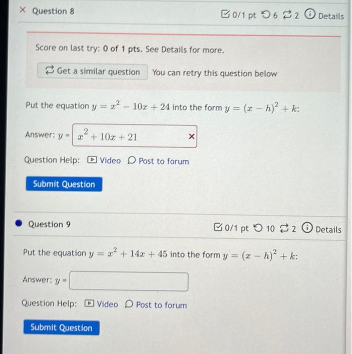 Solved Put the equation y=x2−10x+24 into the form y=(x−h)2+k | Chegg.com