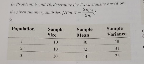 Solved In Problems 9 and 10, determine the F-test statistic | Chegg.com