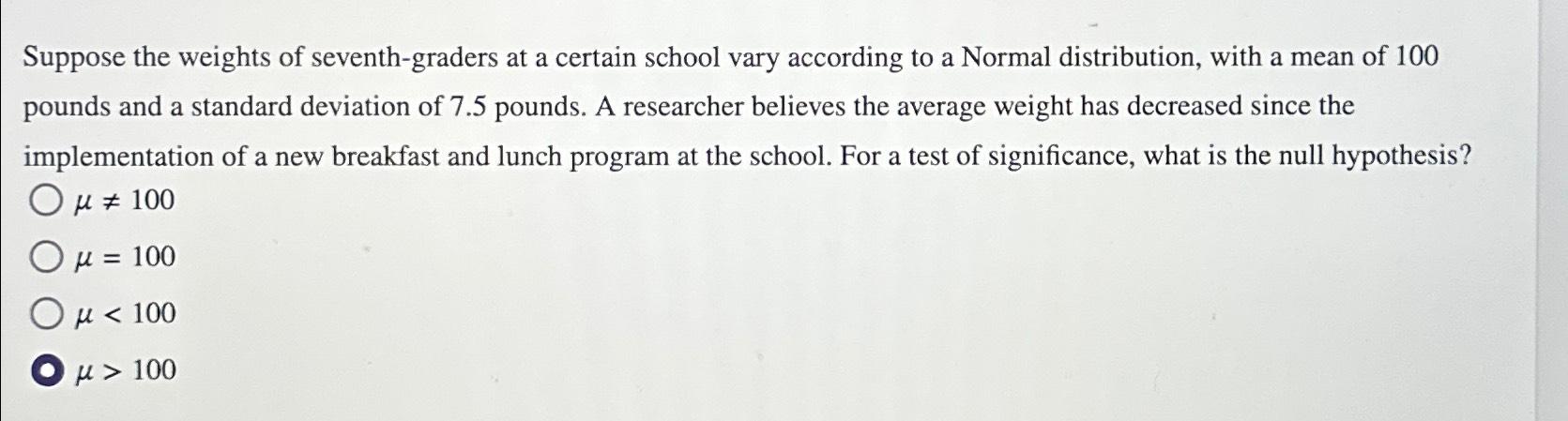 Solved Suppose the weights of seventh-graders at a certain | Chegg.com