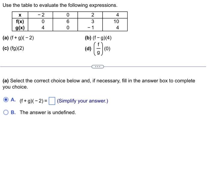 Solved Use the table to evaluate the following expressions. | Chegg.com