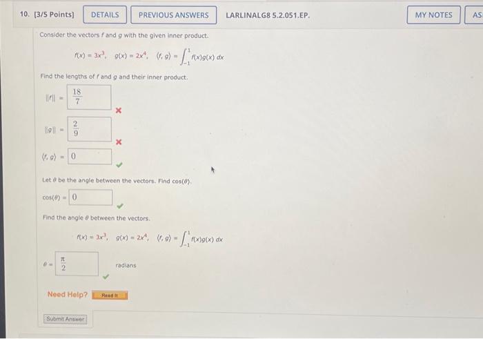 Solved Consider the vectors f and g with the given inner | Chegg.com