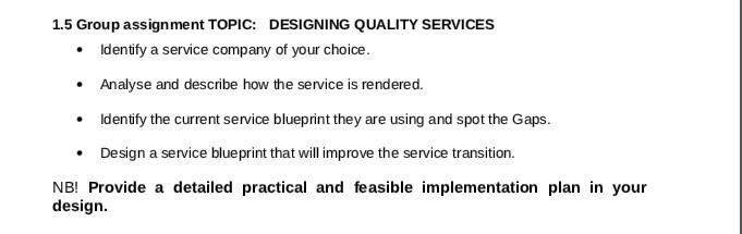 Solved 1.5 Group assignment TOPIC: DESIGNING QUALITY | Chegg.com