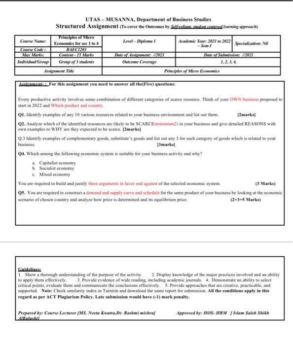 Solved UTAS - MUSANNA, Department of Business Studies | Chegg.com