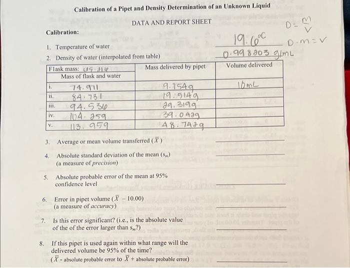 Solved Calibration of a Pipet and Density Determination of | Chegg.com