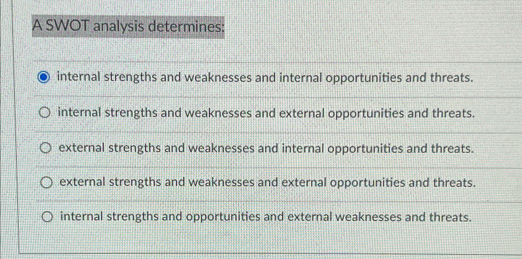 Solved A SWOT analysis determines:internal strengths and | Chegg.com