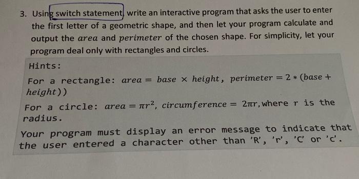 Solved 3. Using switch statement write an interactive | Chegg.com