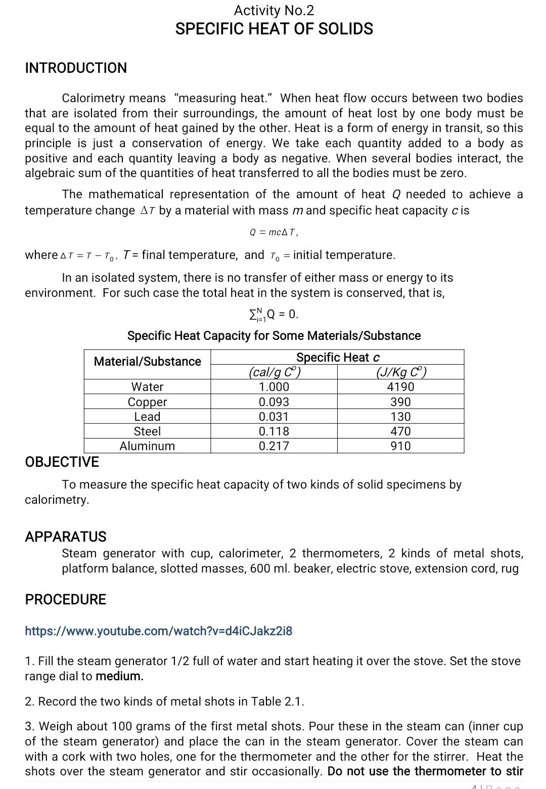 Activity No.2 SPECIFIC HEAT OF SOLIDS INTRODUCTION | Chegg.com