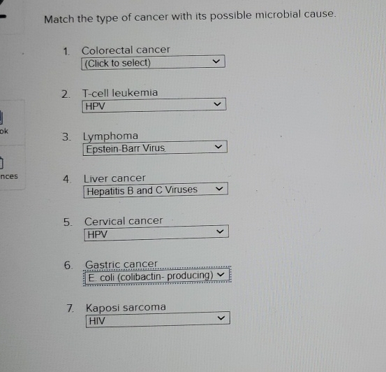 Solved Match the type of cancer with its possible microbial | Chegg.com